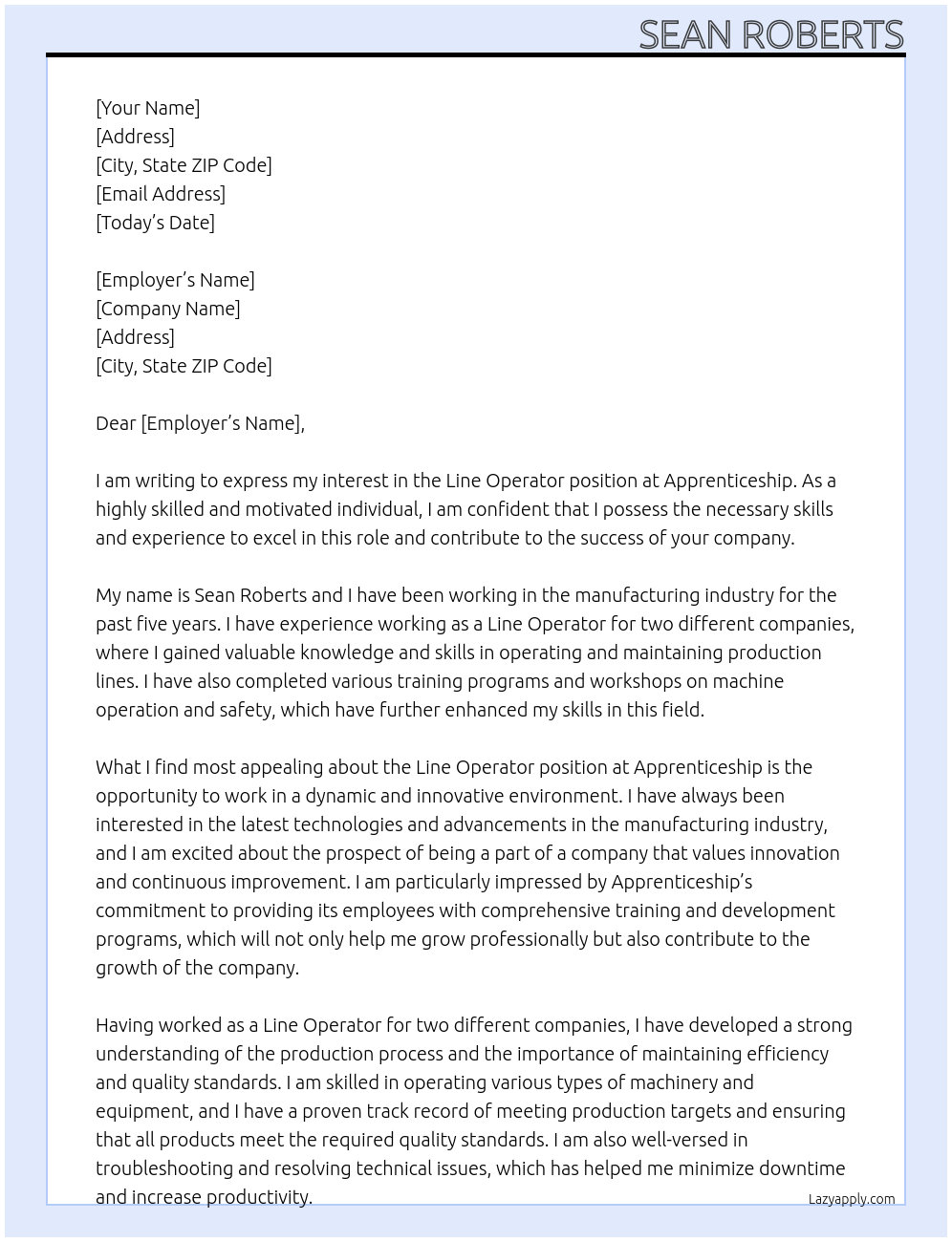 Cover letter for line operator - LazyApply