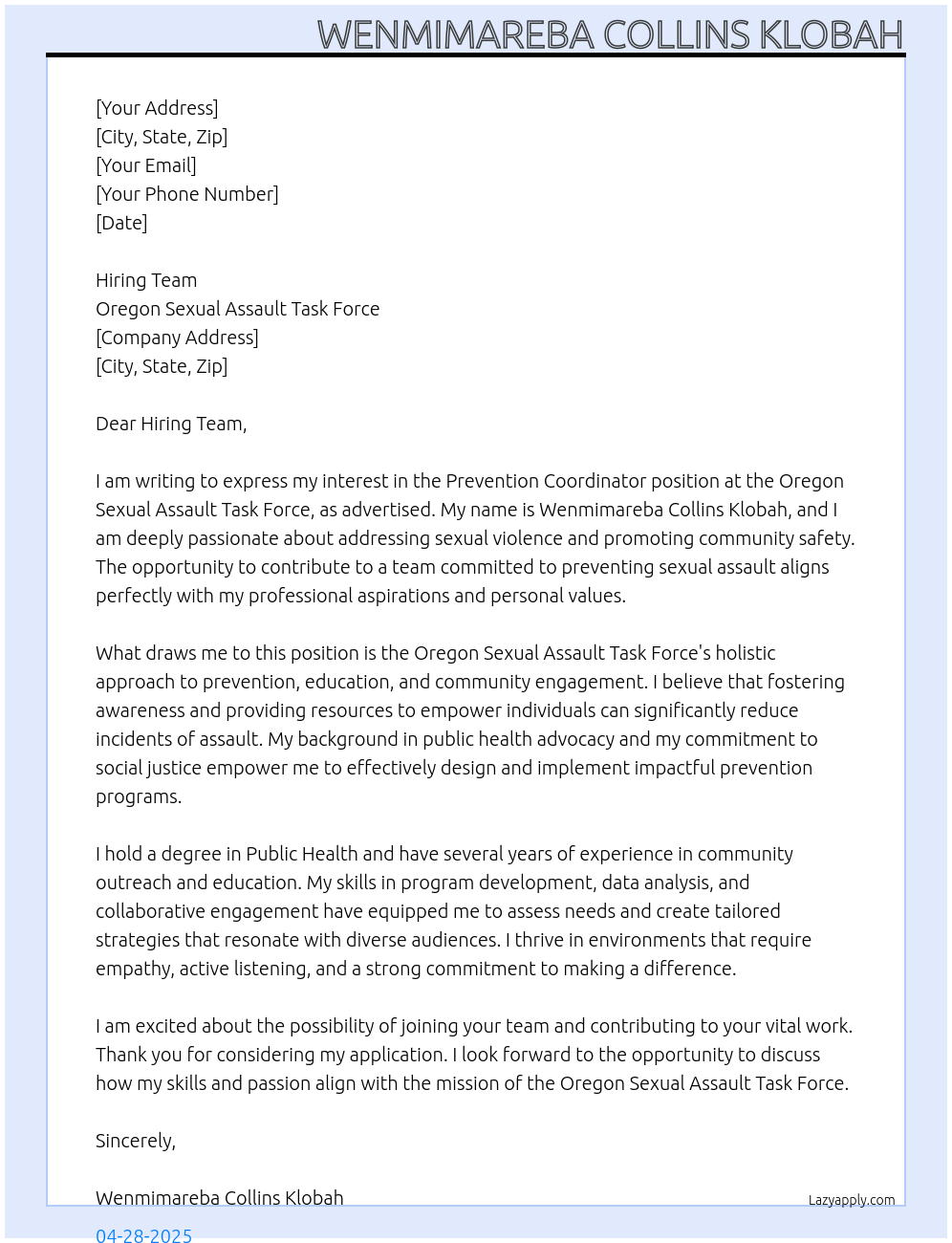 Cover letter for prevention coordinator - LazyApply