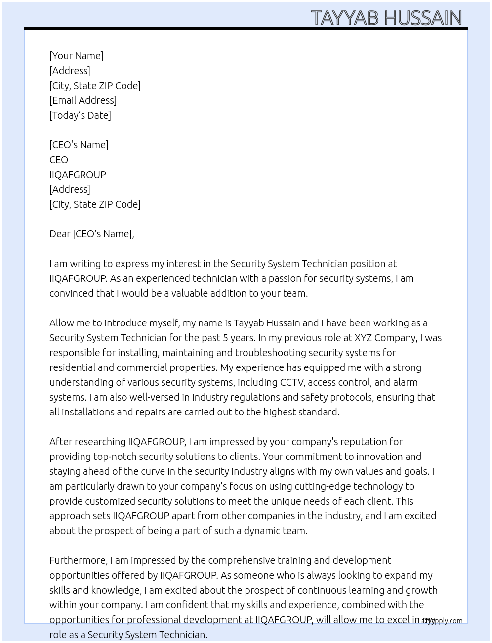 Cover letter for security system technician - LazyApply