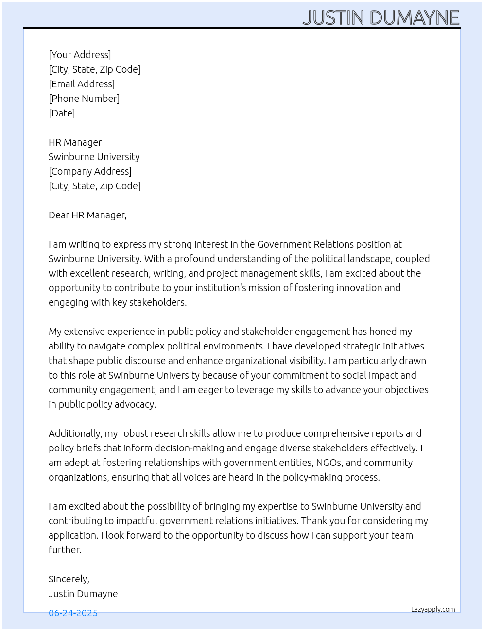 Cover letter for government relations - LazyApply