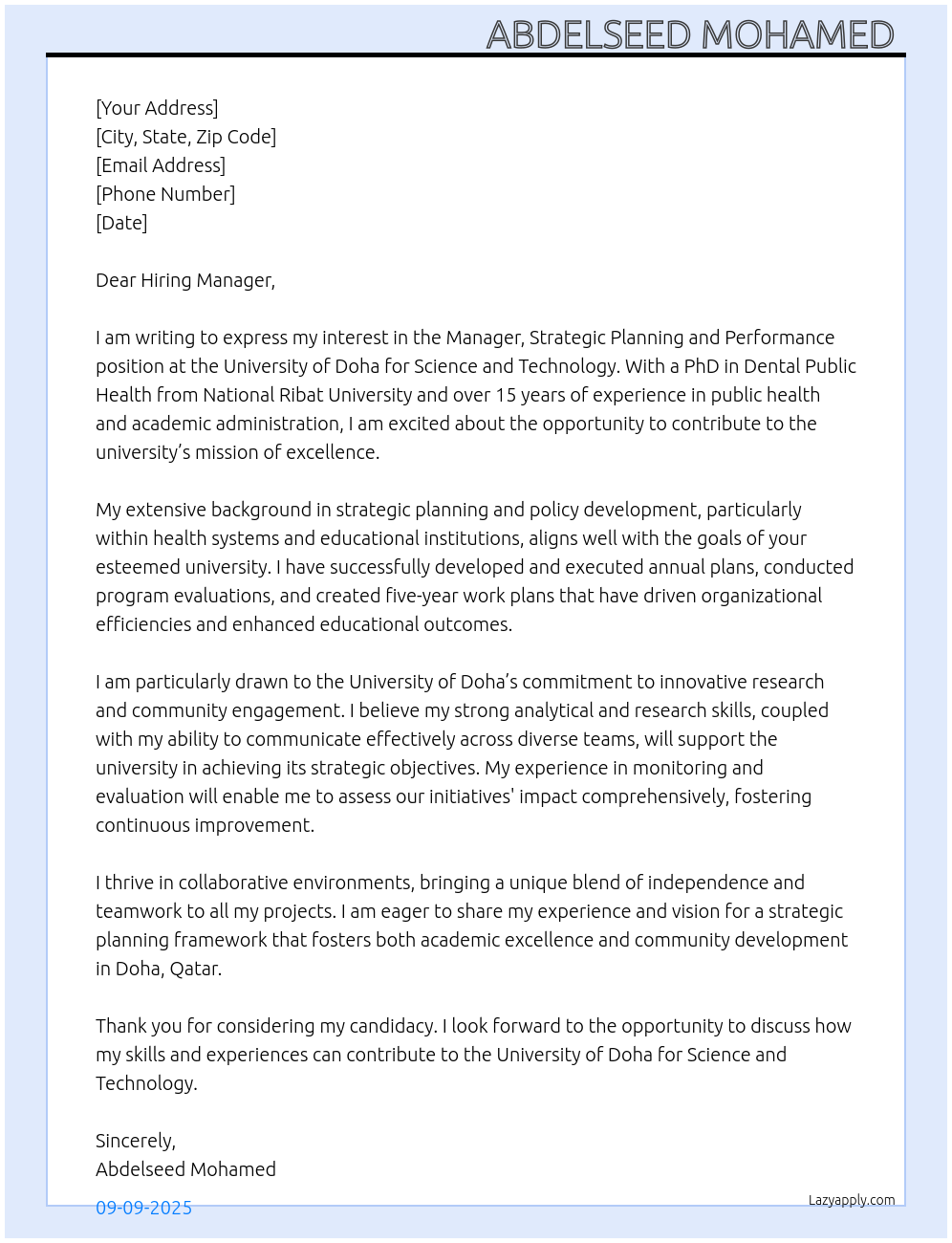 Cover letter for manager, strategic planning and performance - LazyApply