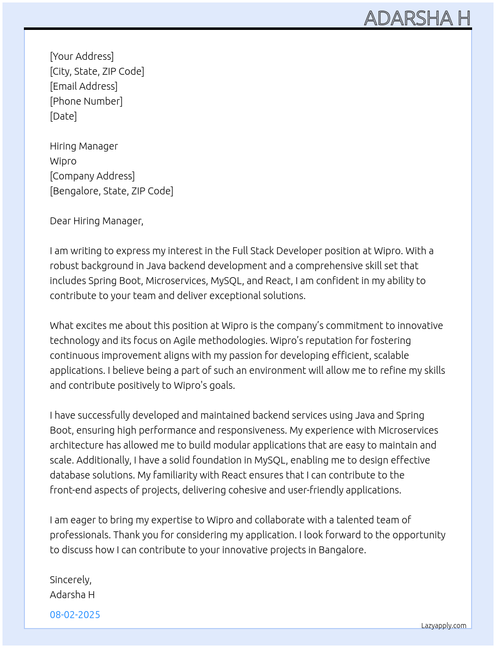 Cover letter for full stack developer - LazyApply