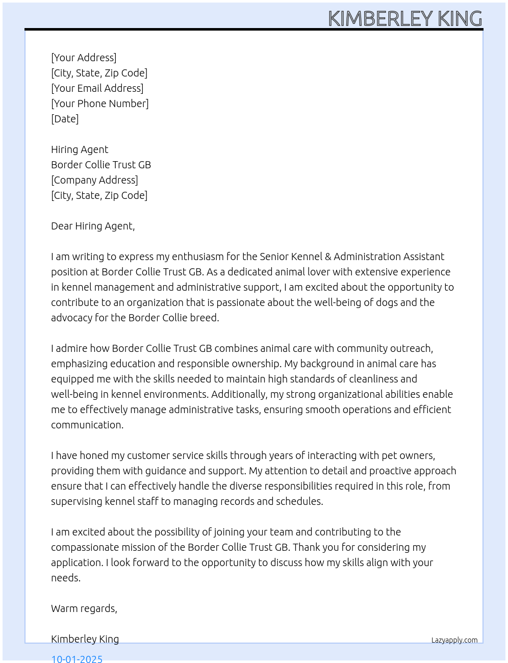 Cover letter for senior kennel & administration assistant - LazyApply