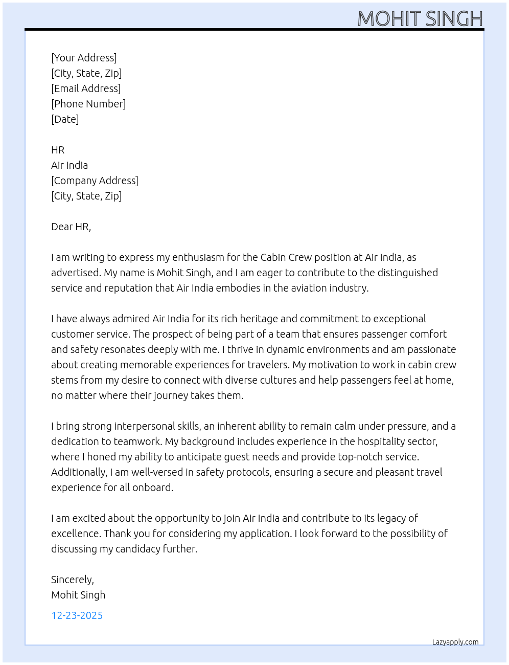 Cover letter for air india - LazyApply