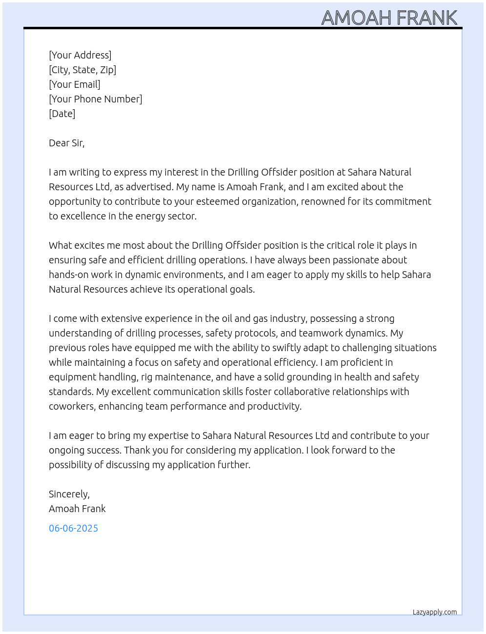 Cover letter for drillling offsider - LazyApply