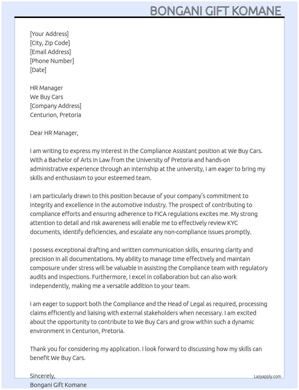 Cover letter for compliance assistant - LazyApply