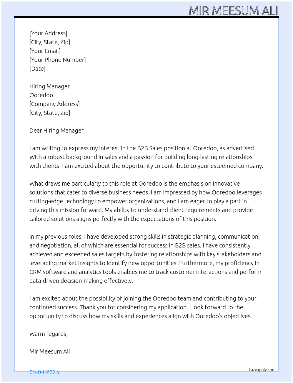 Cover letter for ooredoo b2b sales - LazyApply