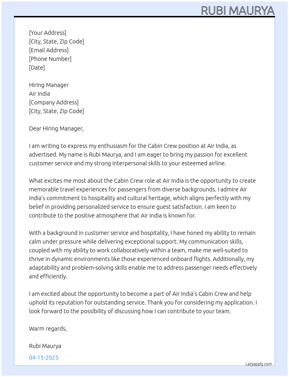 Cover letter for cabin crew - LazyApply