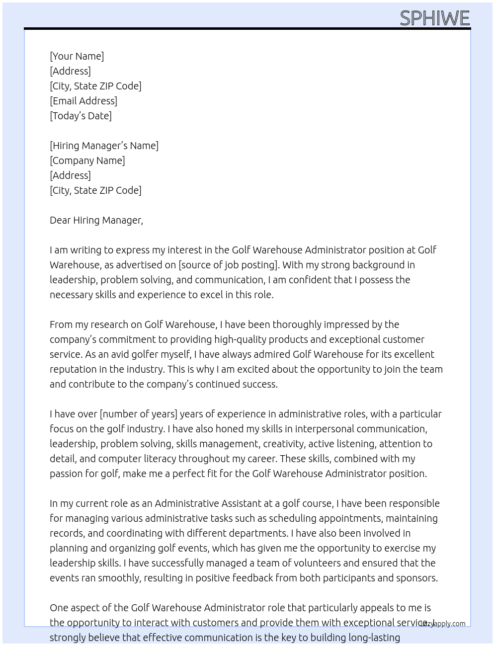 Cover letter for golf warehouse administrator - LazyApply