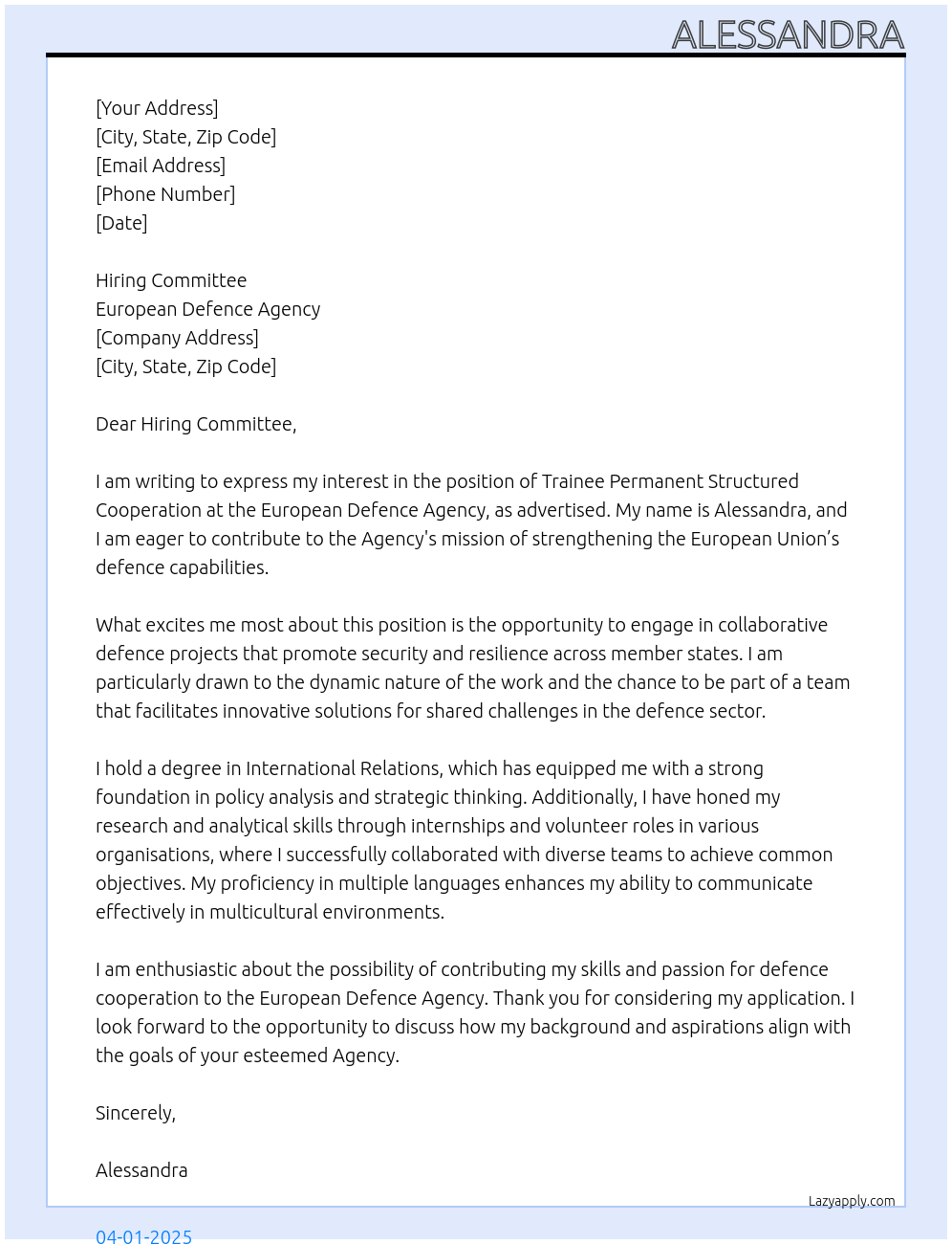 Cover letter for trainee permanent structured cooperation - LazyApply