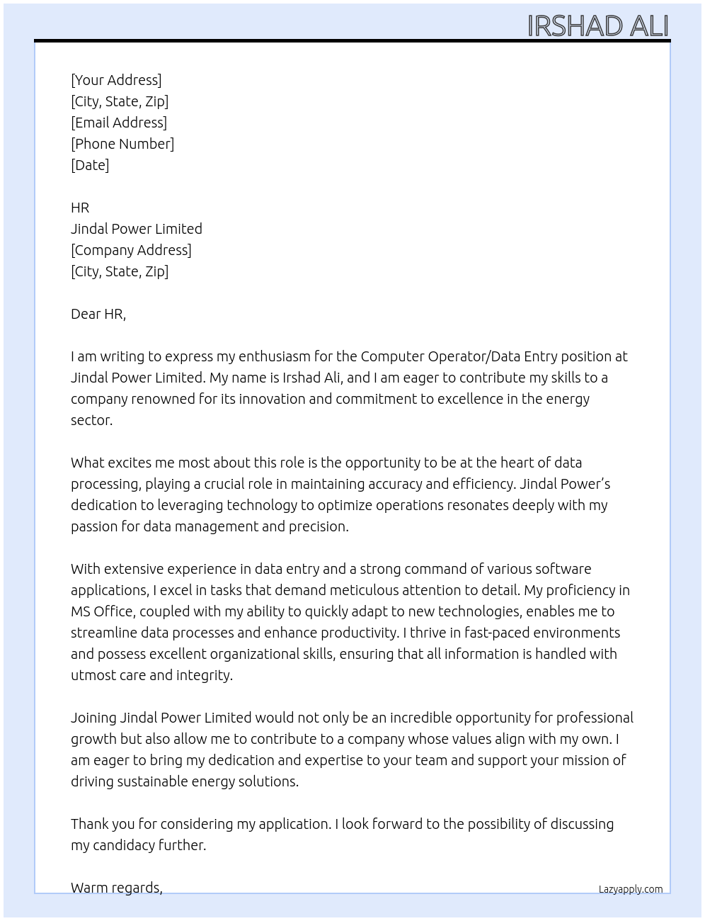 Cover letter for computer operator/data entry - LazyApply