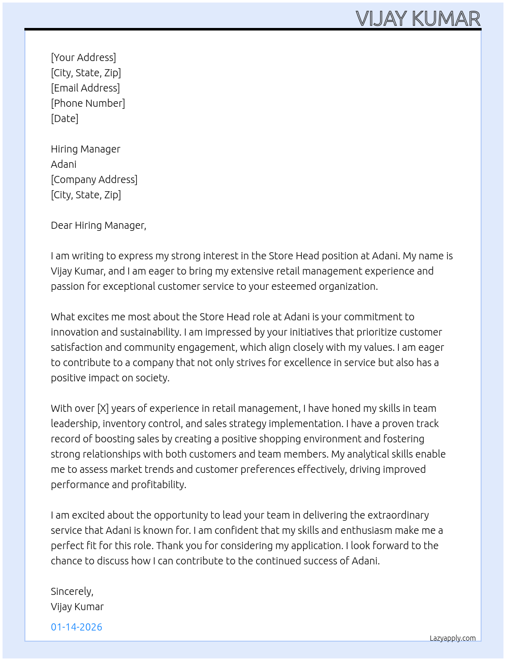 Cover letter for store head - LazyApply