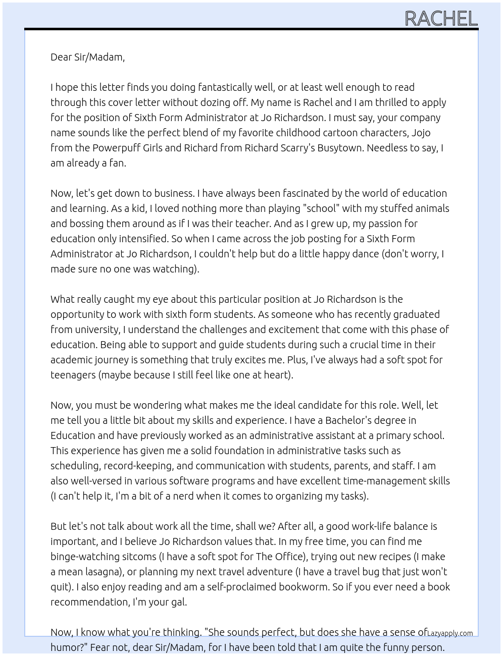 Cover letter for sixth form administrator - LazyApply