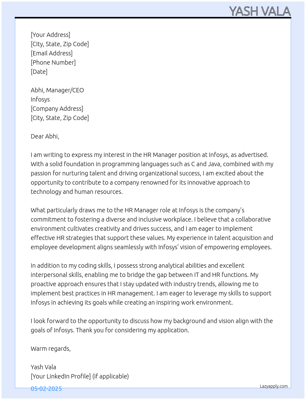 Cover letter for infosys - LazyApply