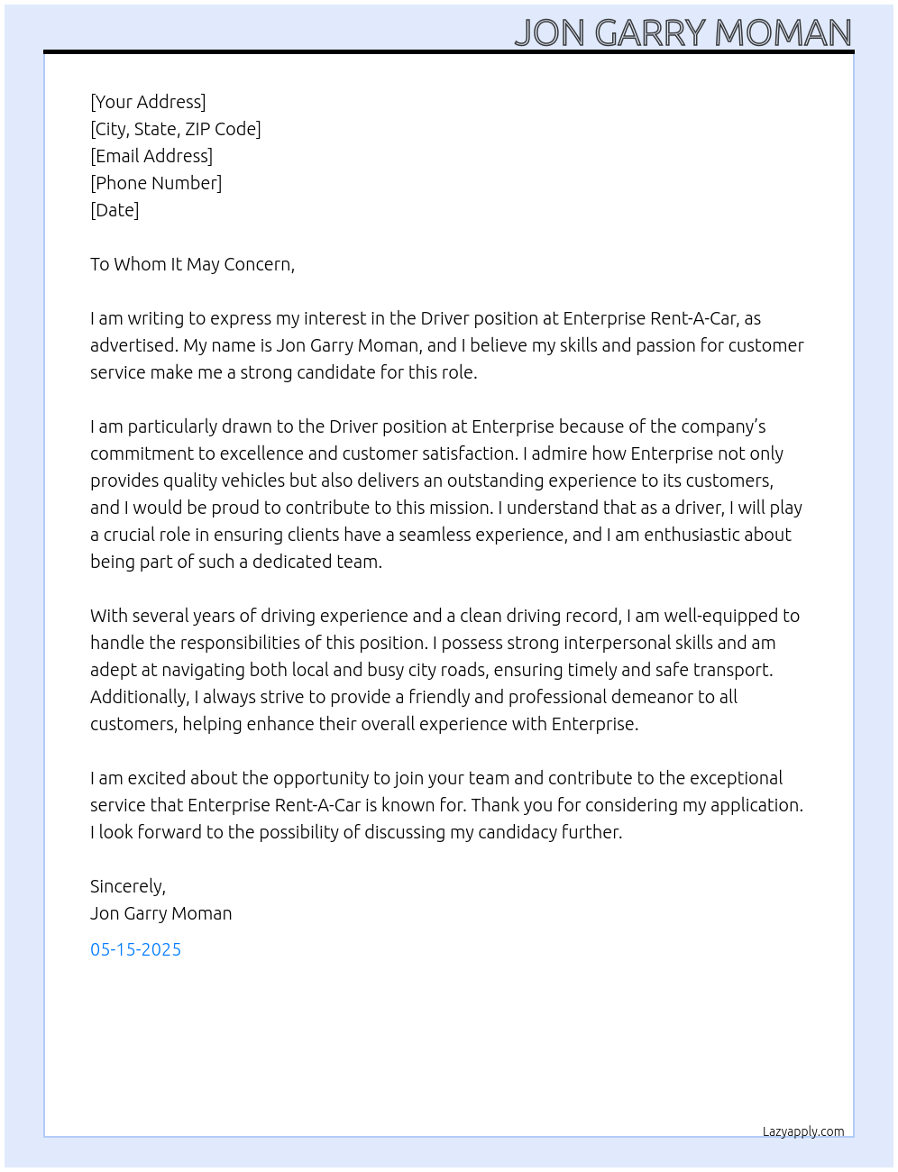 Cover letter for driver - LazyApply