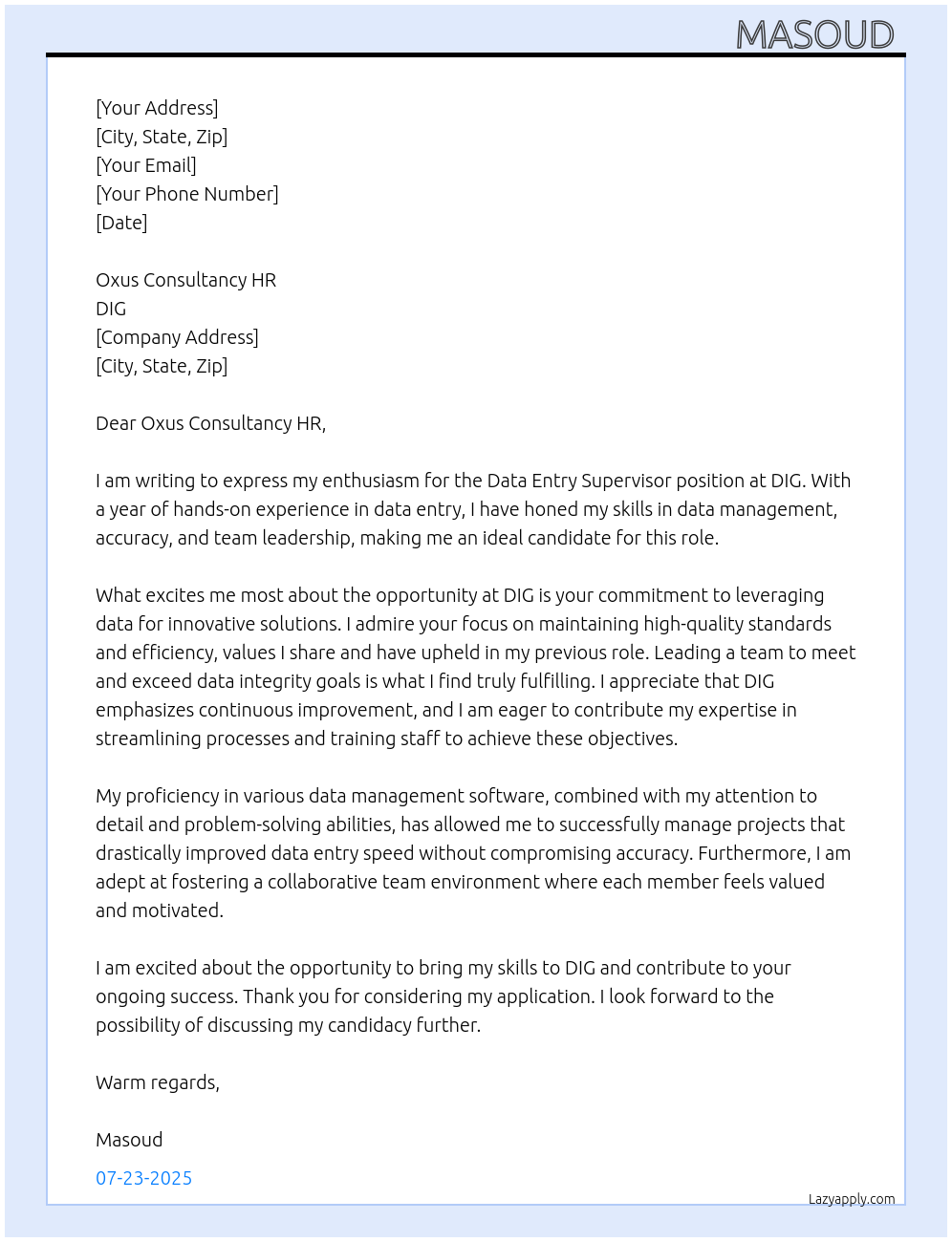 Cover letter for data entry supervisor worked for 1 year - LazyApply