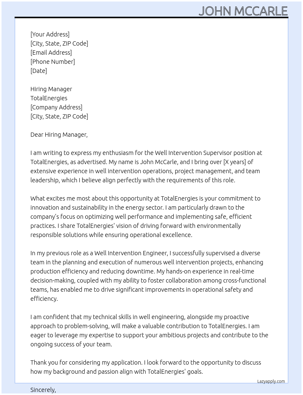 Cover letter for well intervention supervisor - LazyApply