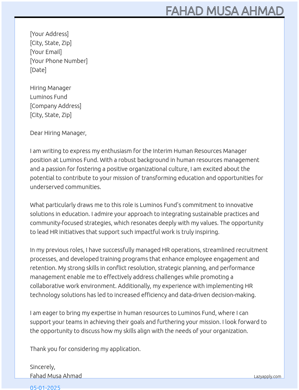 Cover letter for interim human resources manager - LazyApply