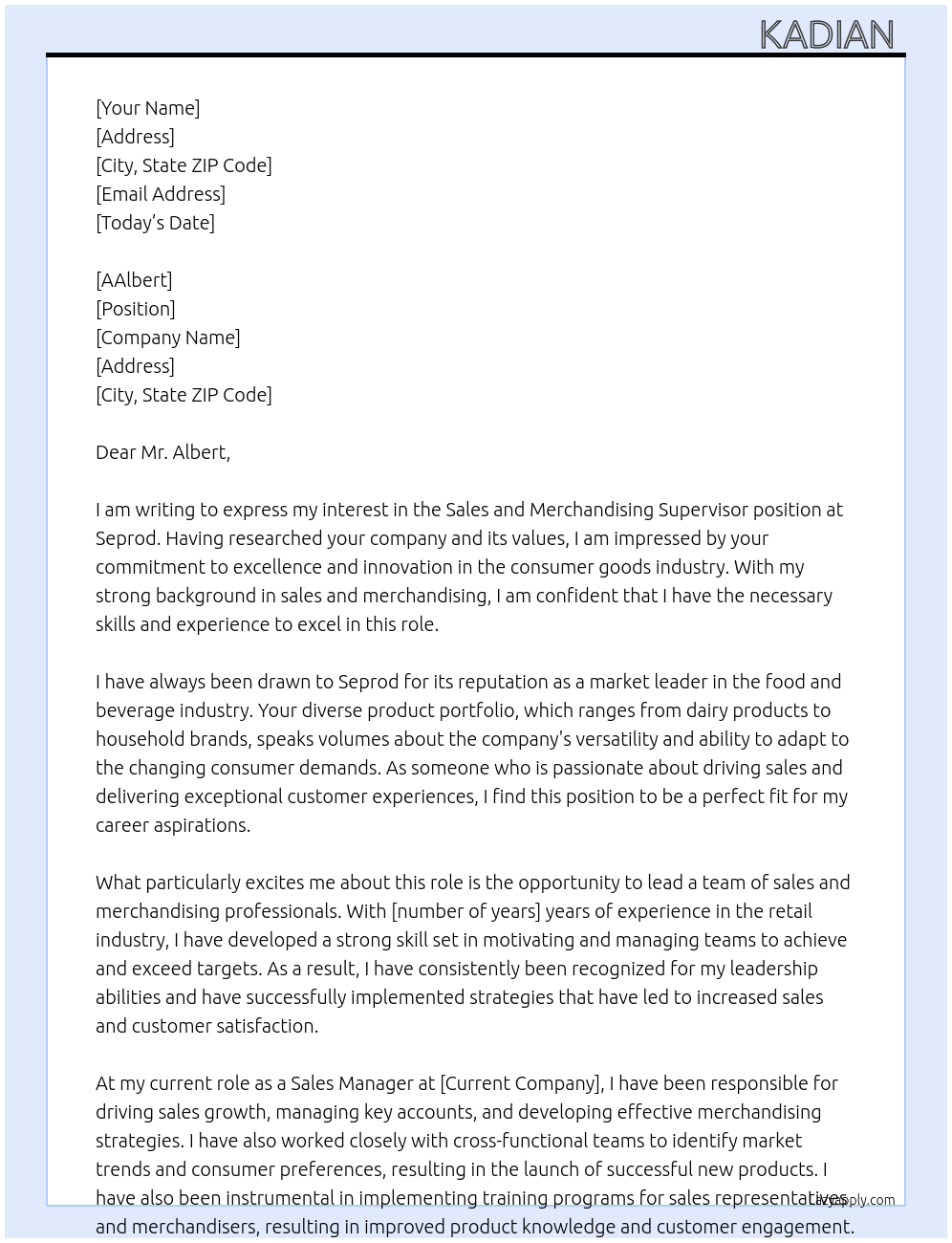 Cover letter for sales and merchadising supervisor - LazyApply