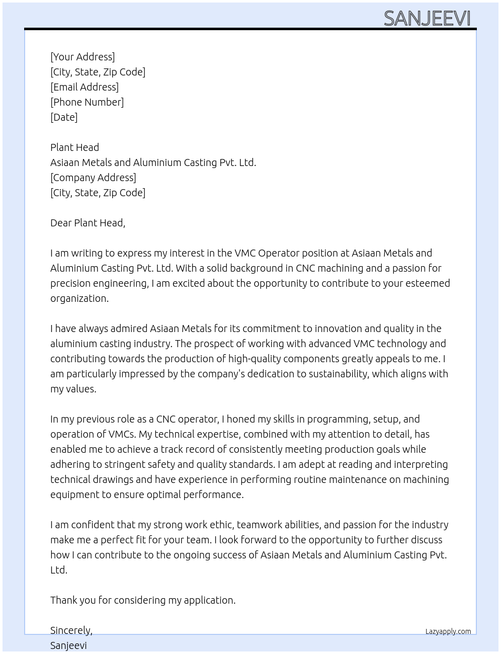 Cover letter for vmc operator - LazyApply