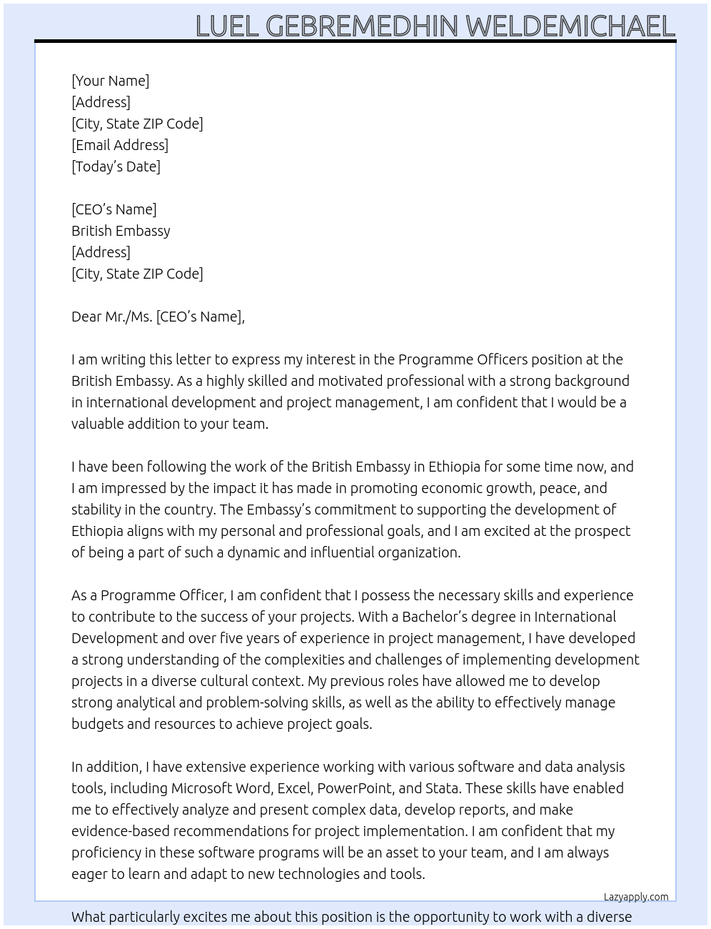 Cover letter for programme officers - LazyApply