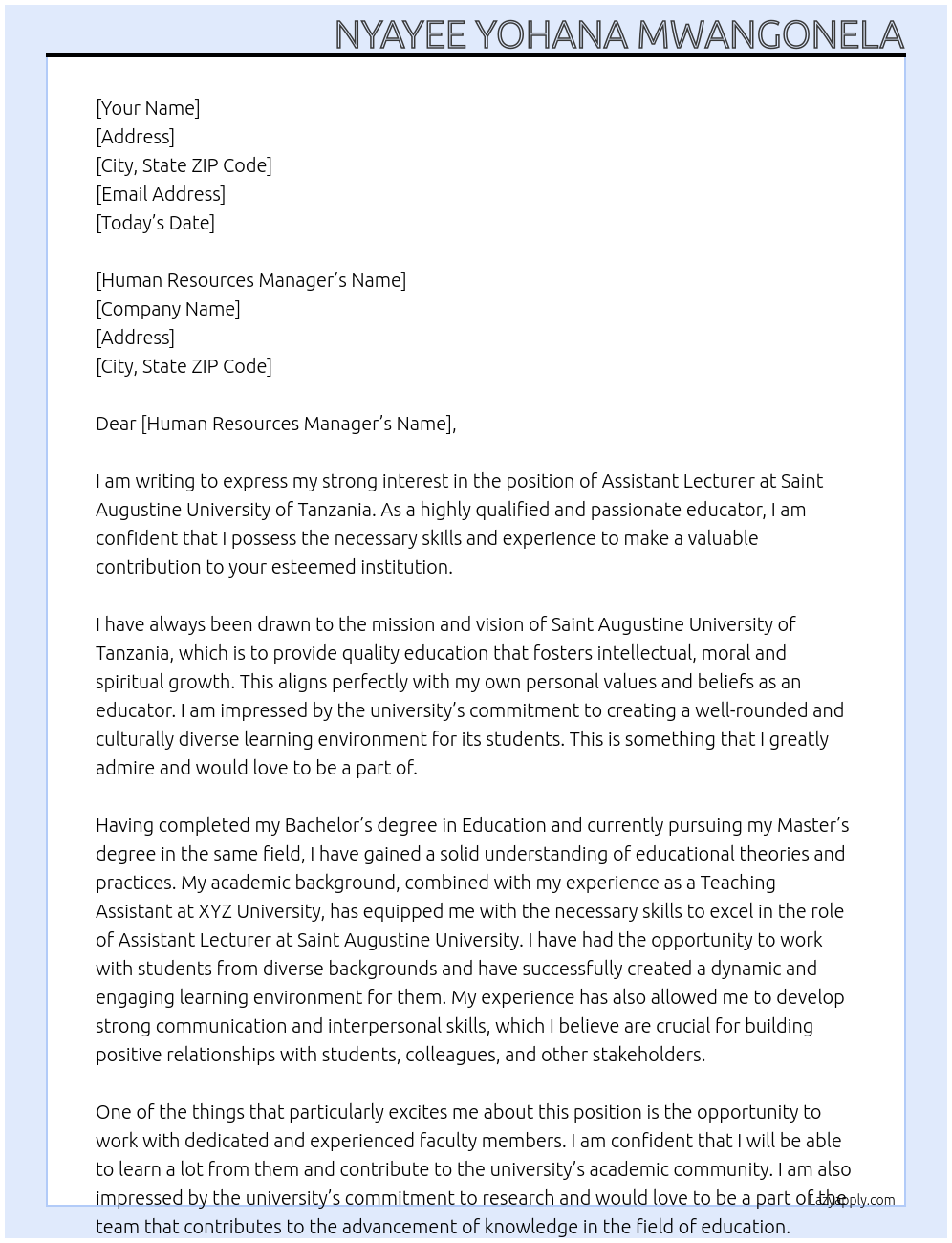 Cover letter for assistant lecture - LazyApply