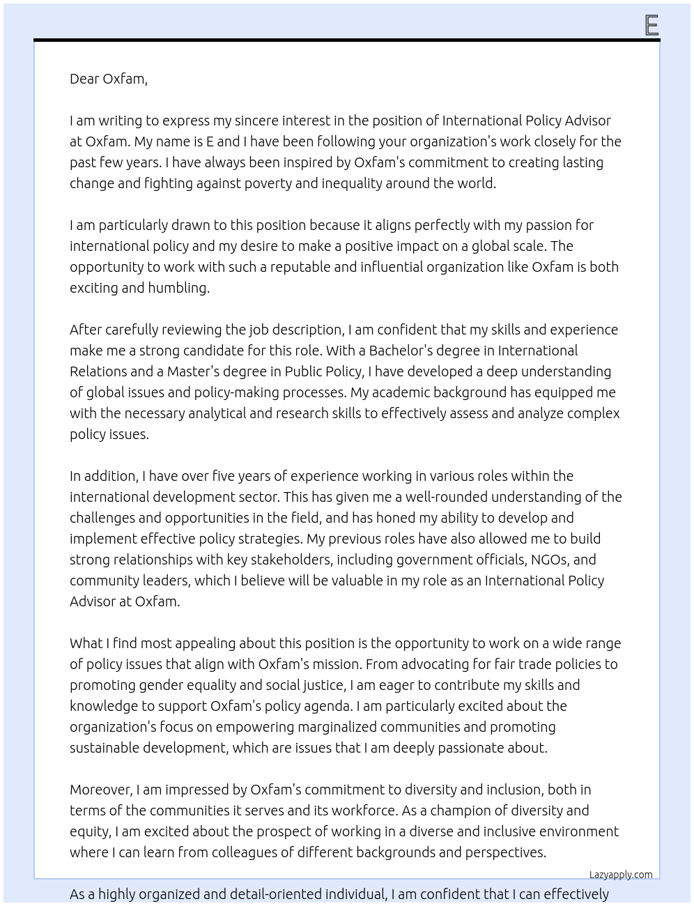 Cover letter for international policy advisor - LazyApply