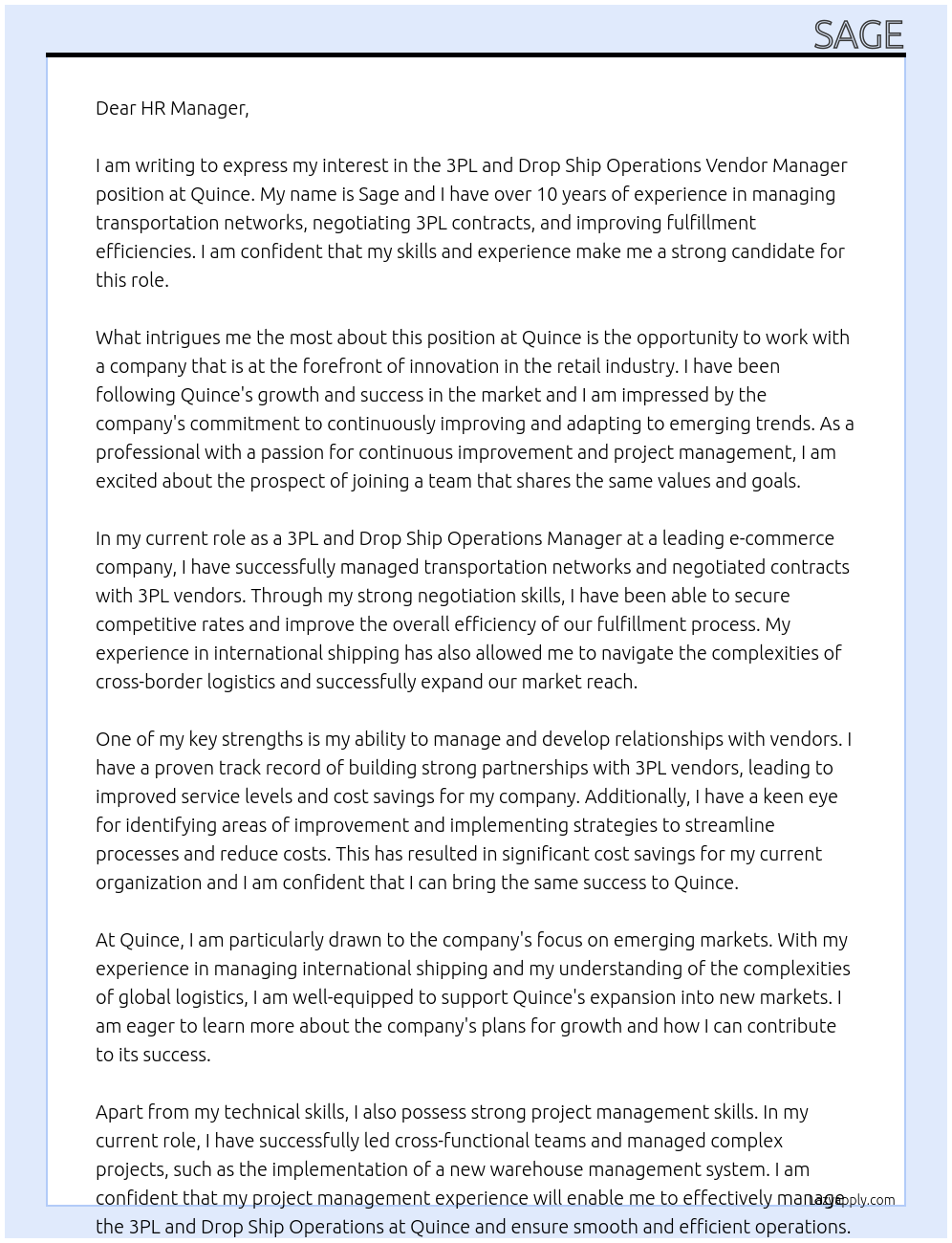 Cover letter for 3pl and drop ship operations vendor manager - LazyApply