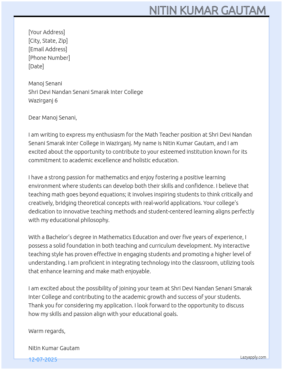 Cover letter for math teacher - LazyApply