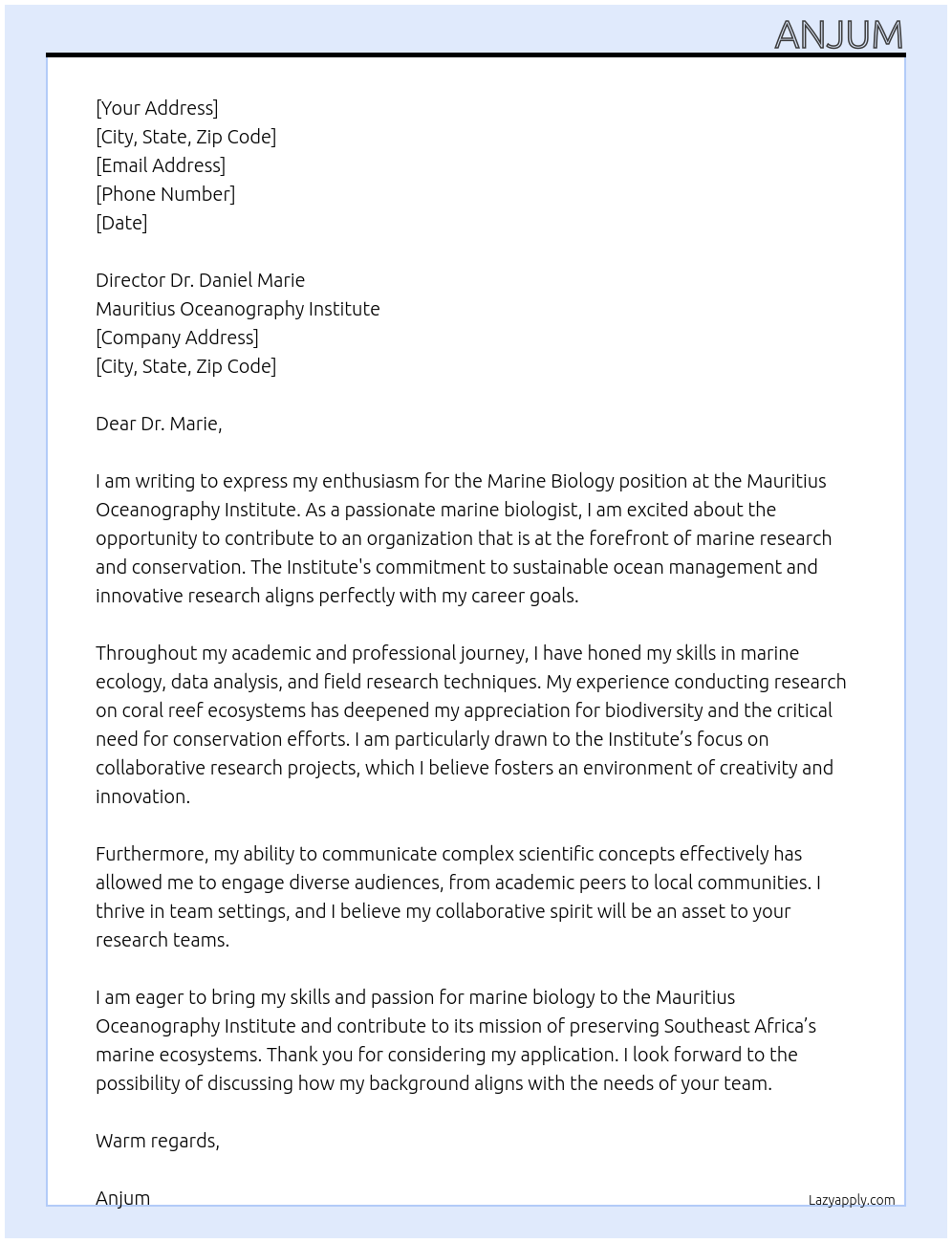 Cover letter for marine biology - LazyApply