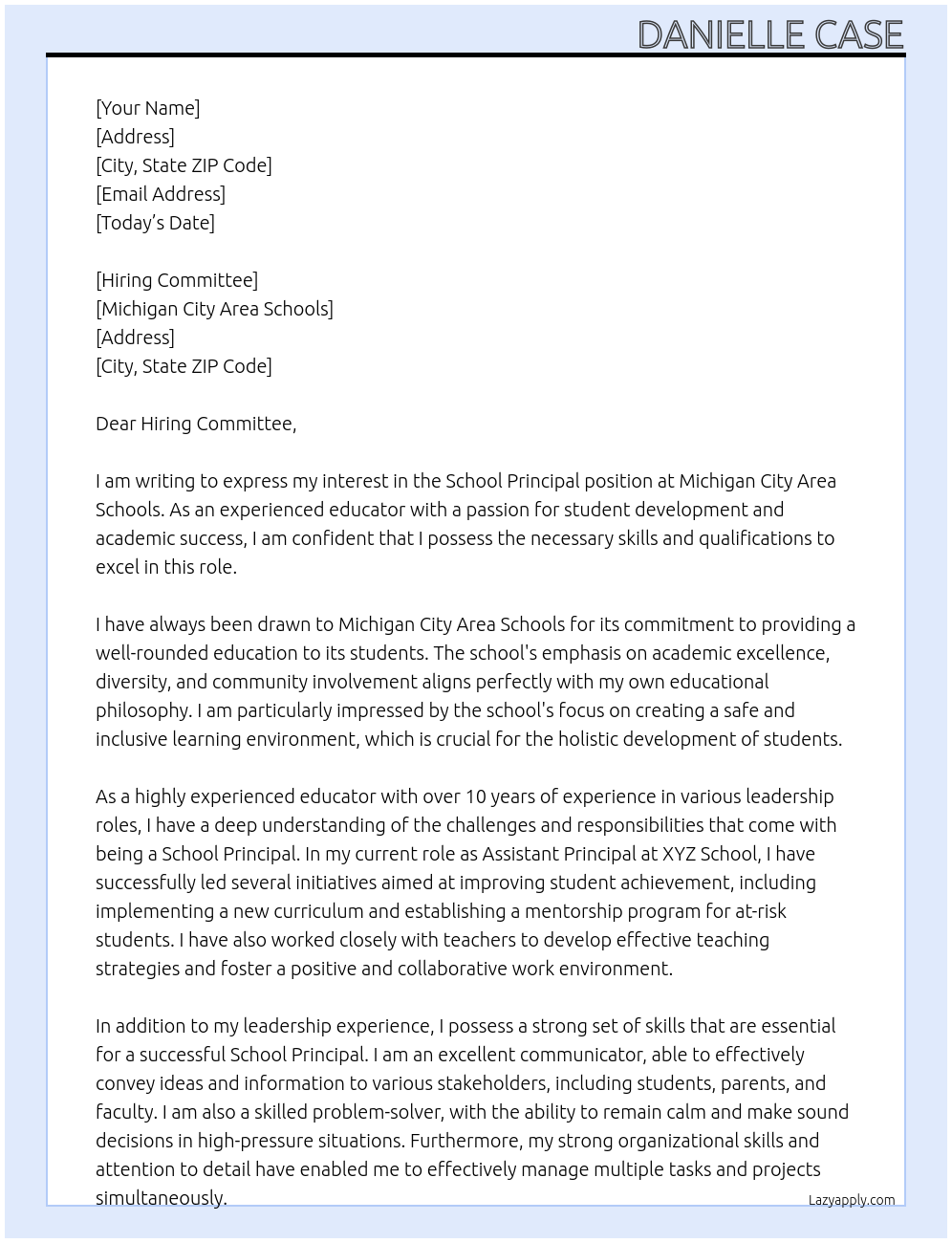 Cover letter for school principal - LazyApply