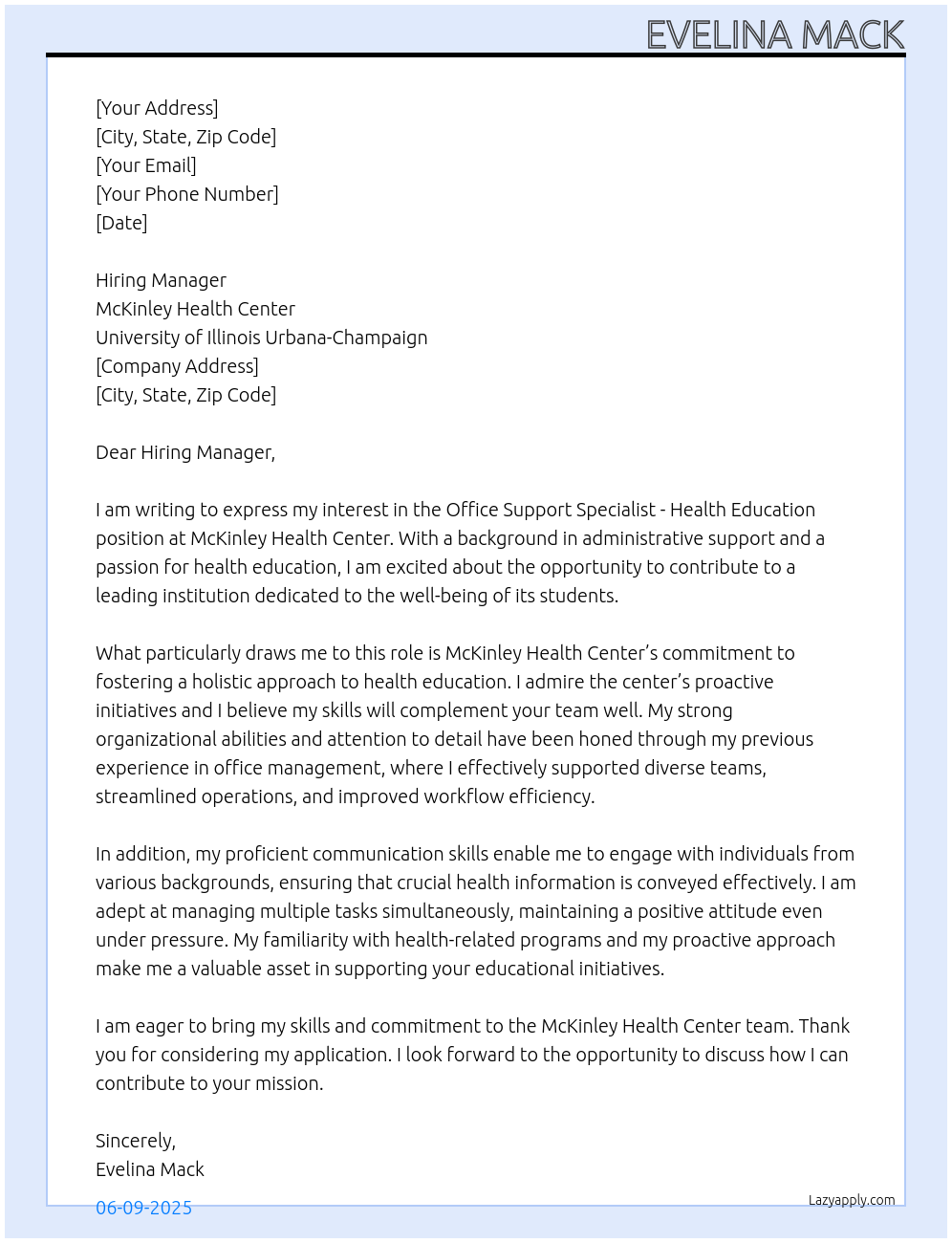 Cover letter for office support specialist - health education - LazyApply