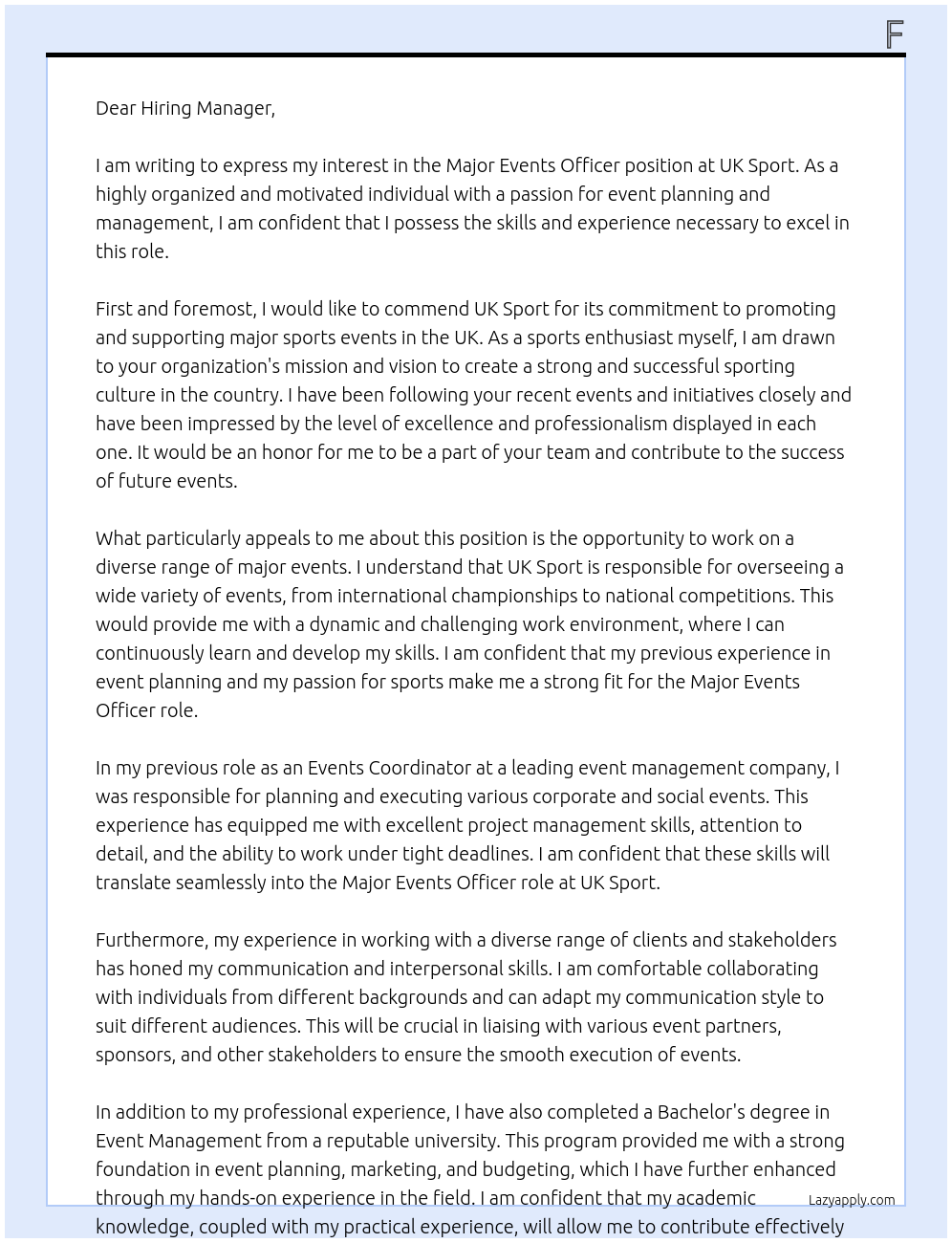 Cover letter for major events officer - LazyApply