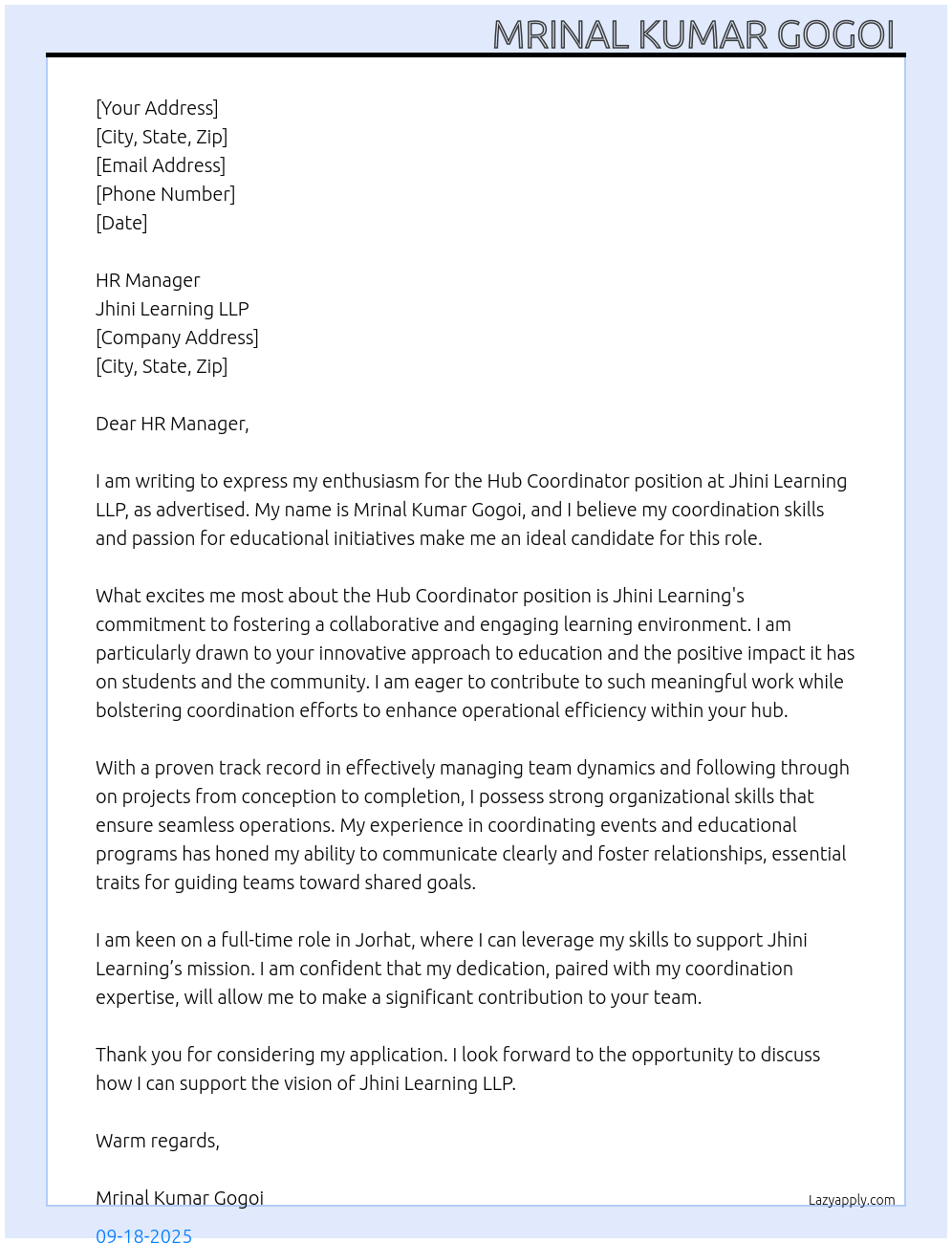 Cover letter for hub coordinator - LazyApply
