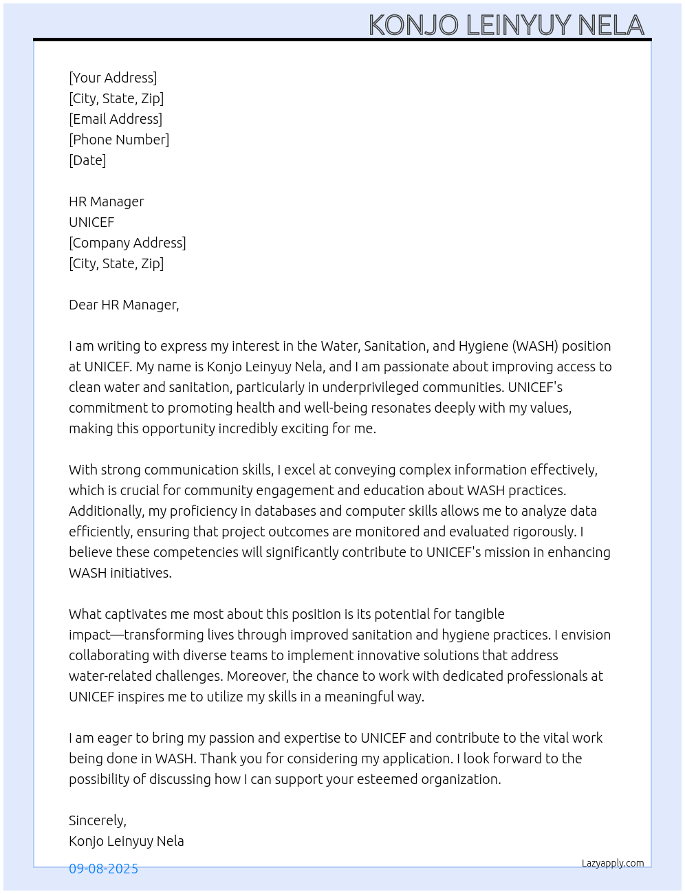 Cover letter for water,sanitation and hygiene - LazyApply