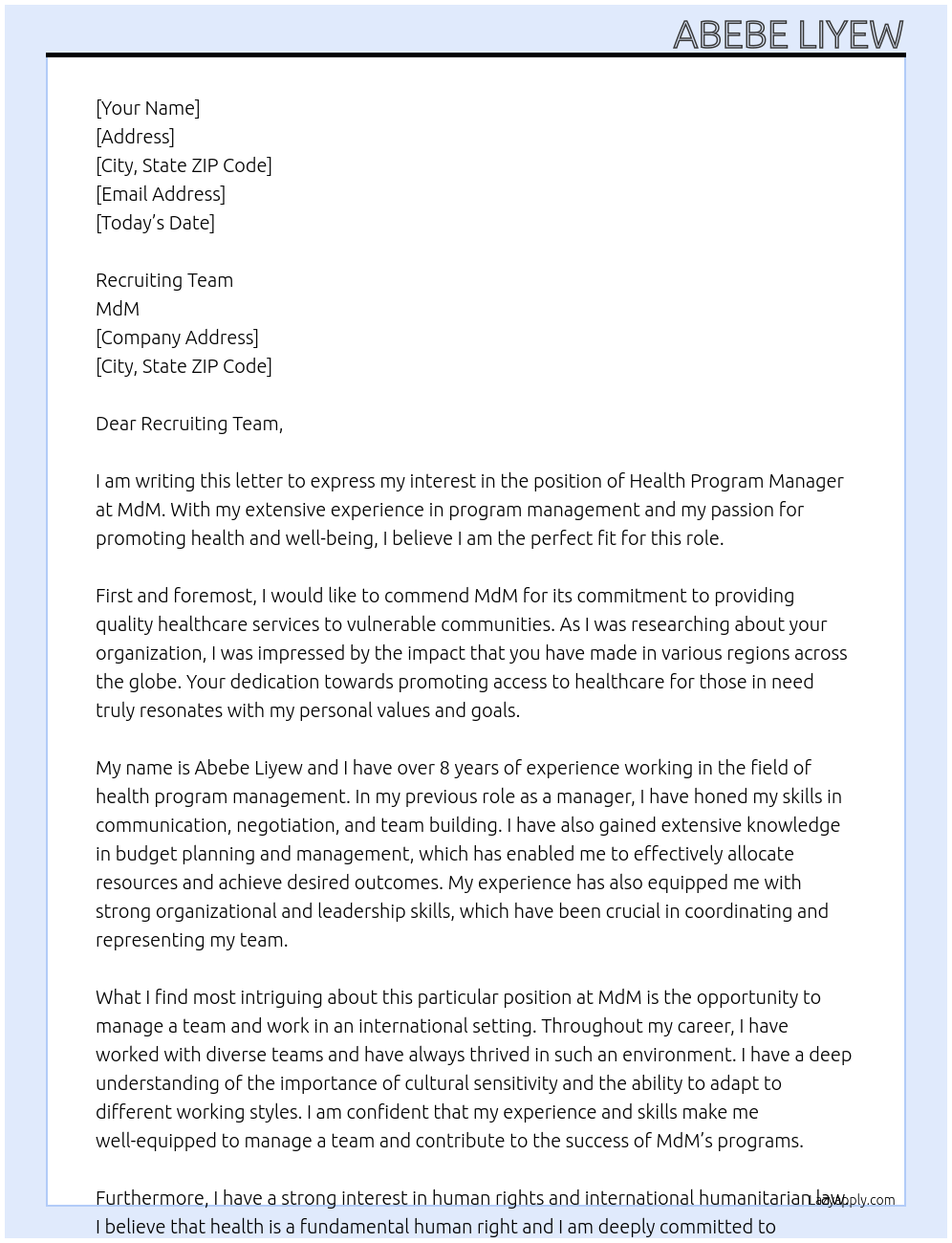 Cover letter for health program manager - LazyApply