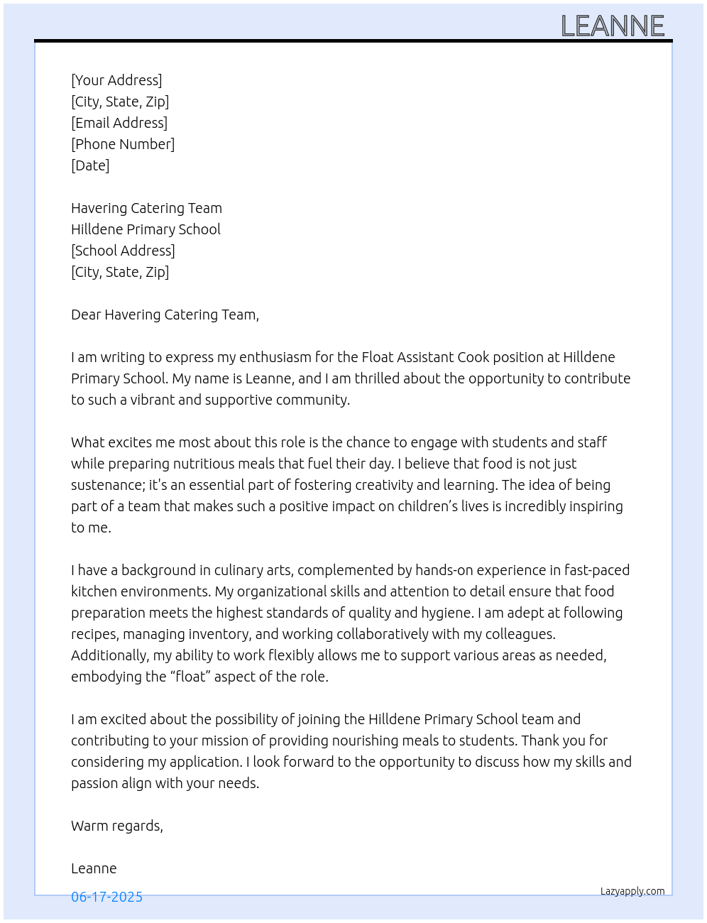 Cover letter for float assistant cook - LazyApply