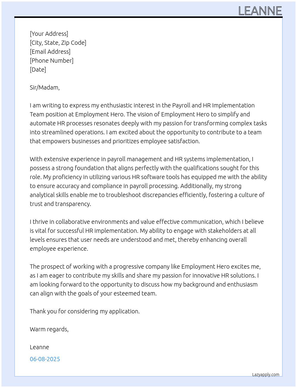 Cover letter for payroll and hr implementation team - LazyApply