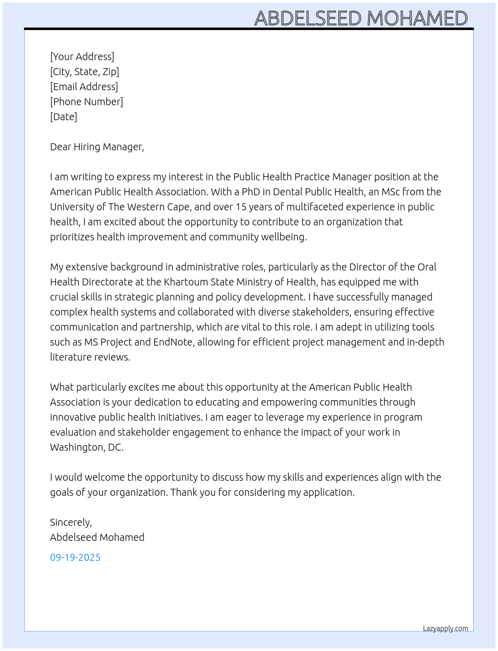 Cover letter for public health practice manager - LazyApply