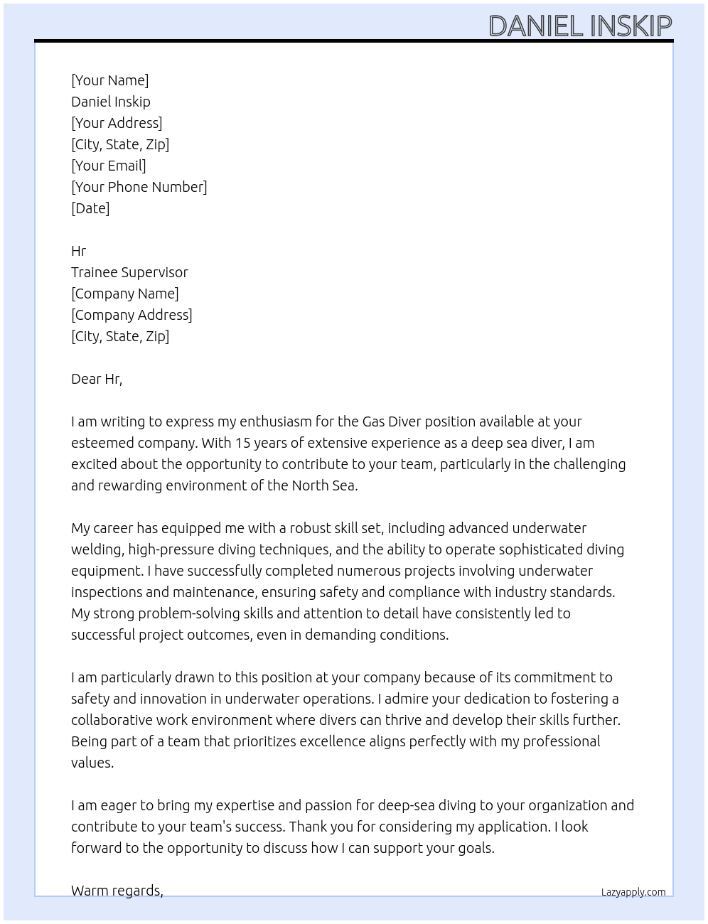 Cover letter for deep sea diver - LazyApply