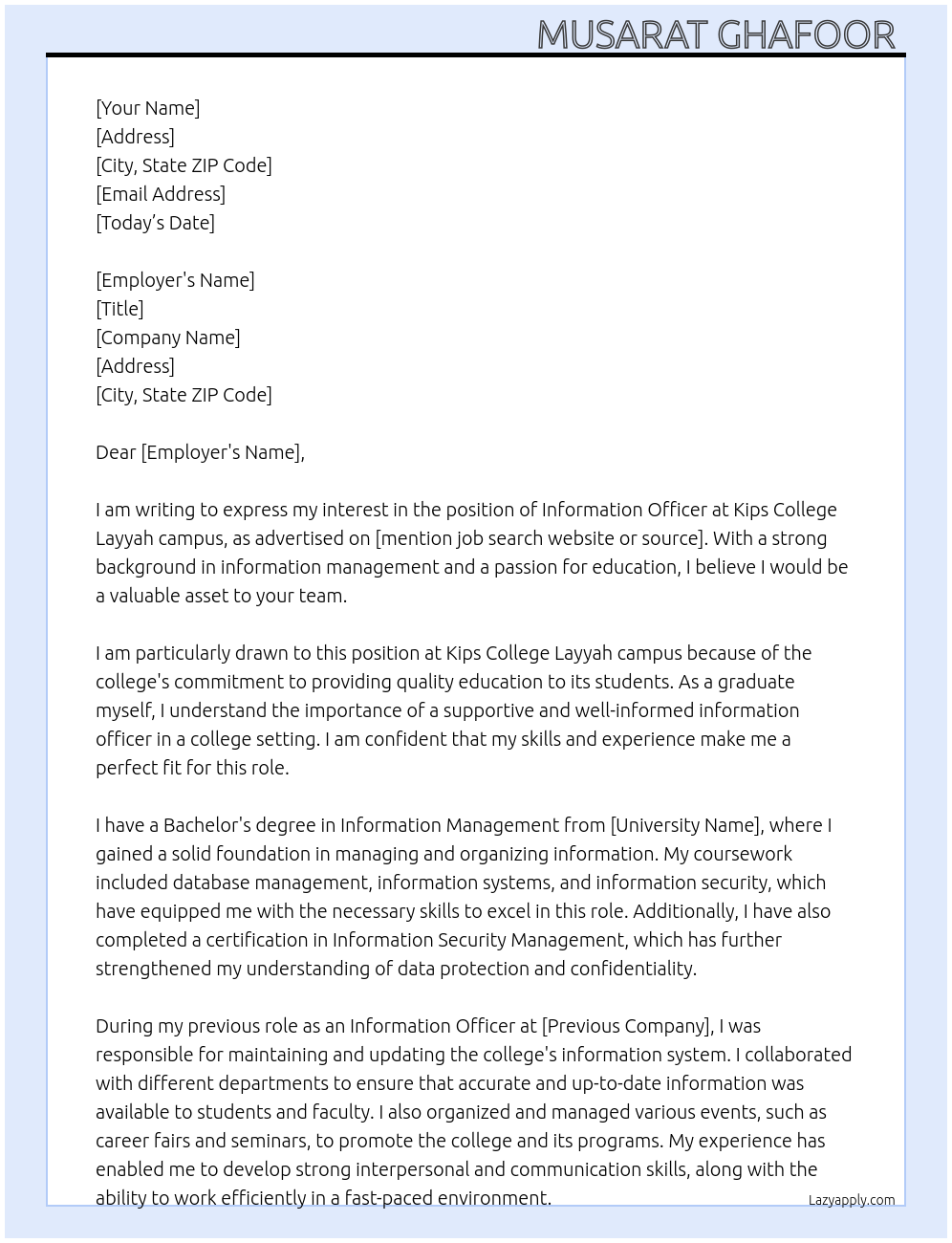 Cover letter for information officer at college level - LazyApply