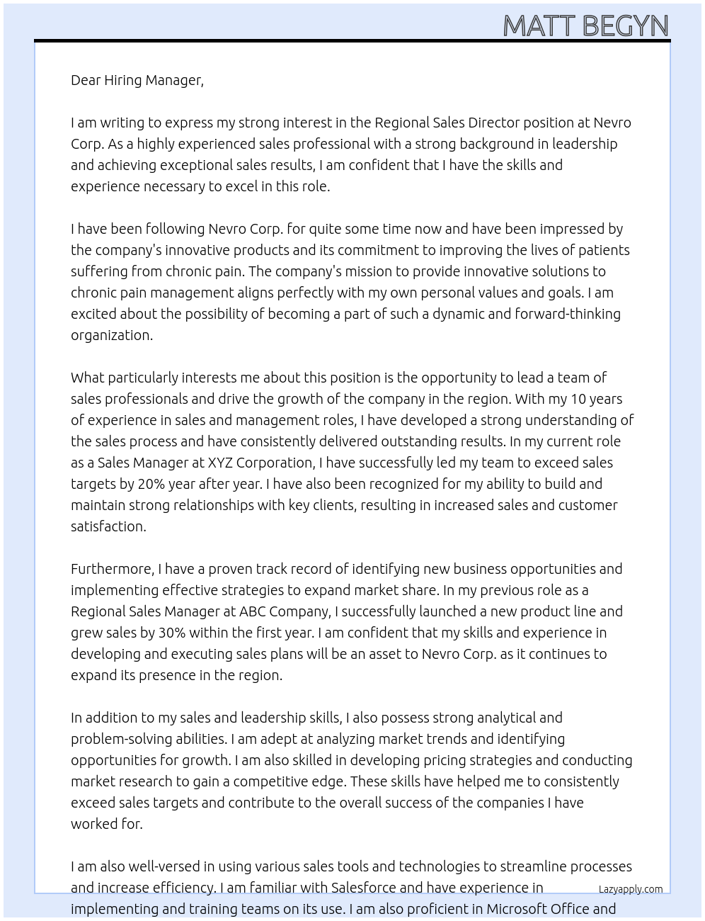 Cover letter for regional sales director - LazyApply