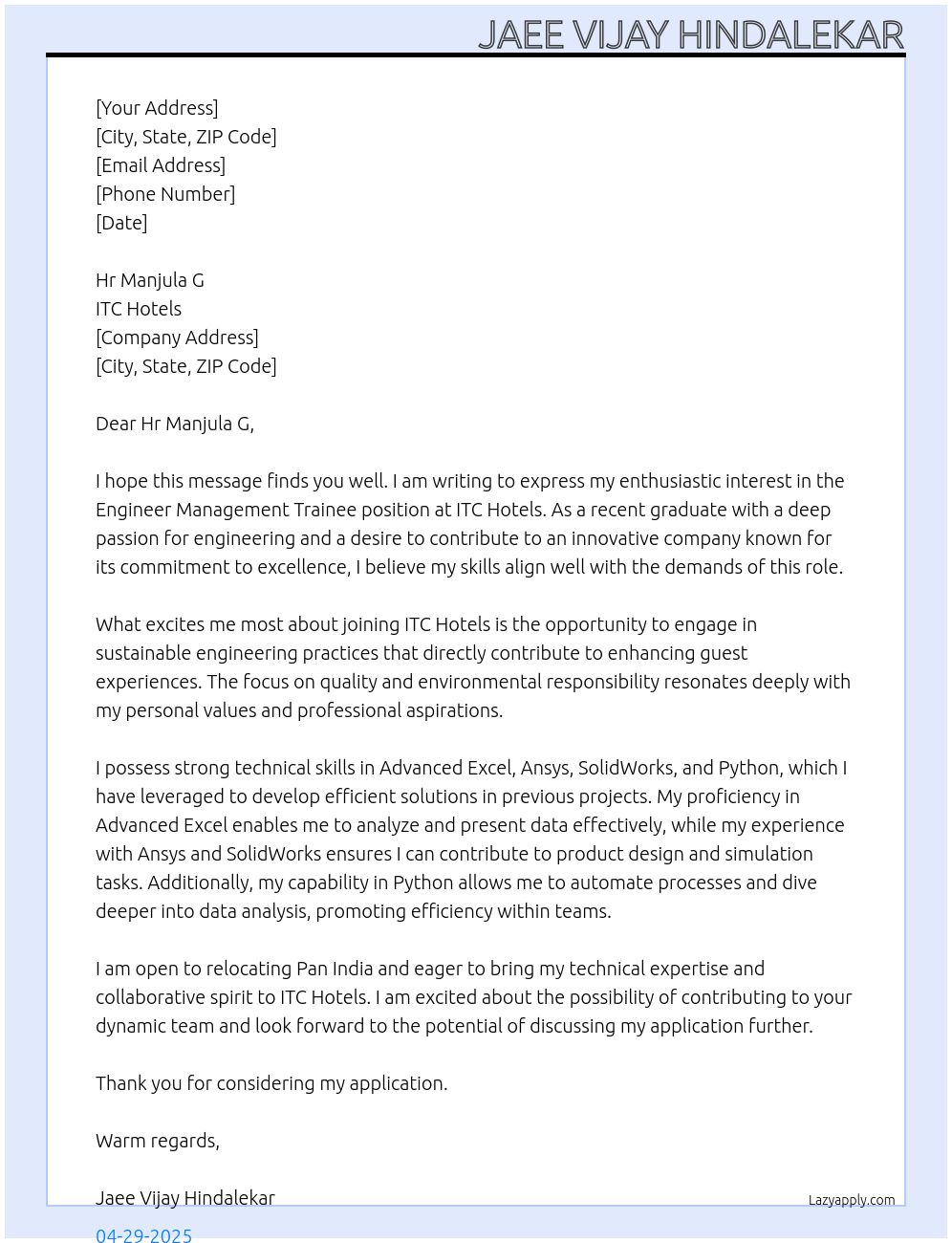 Cover letter for engineer management trainee - LazyApply