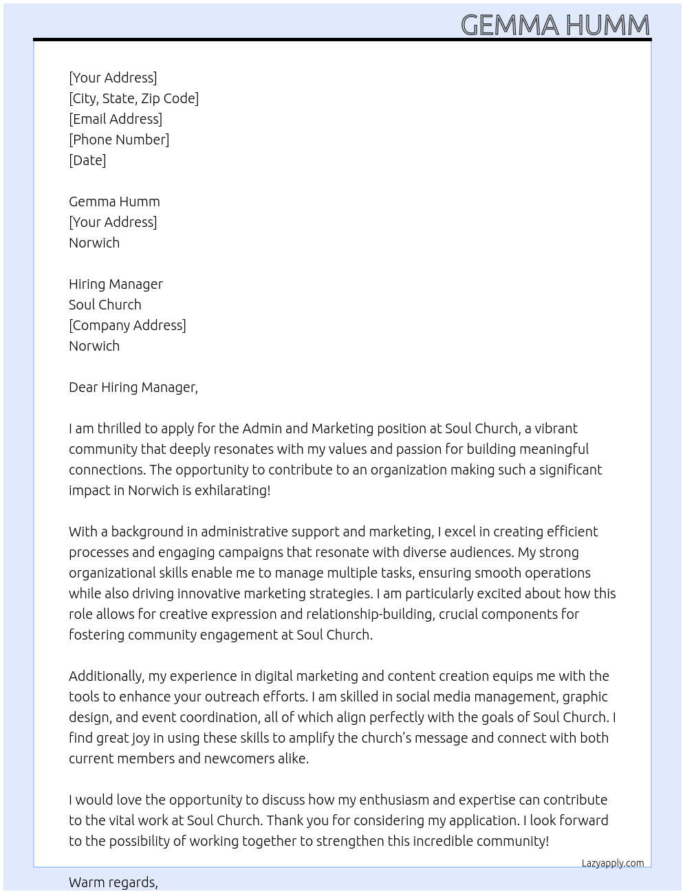 Cover letter for admin and marketing - LazyApply