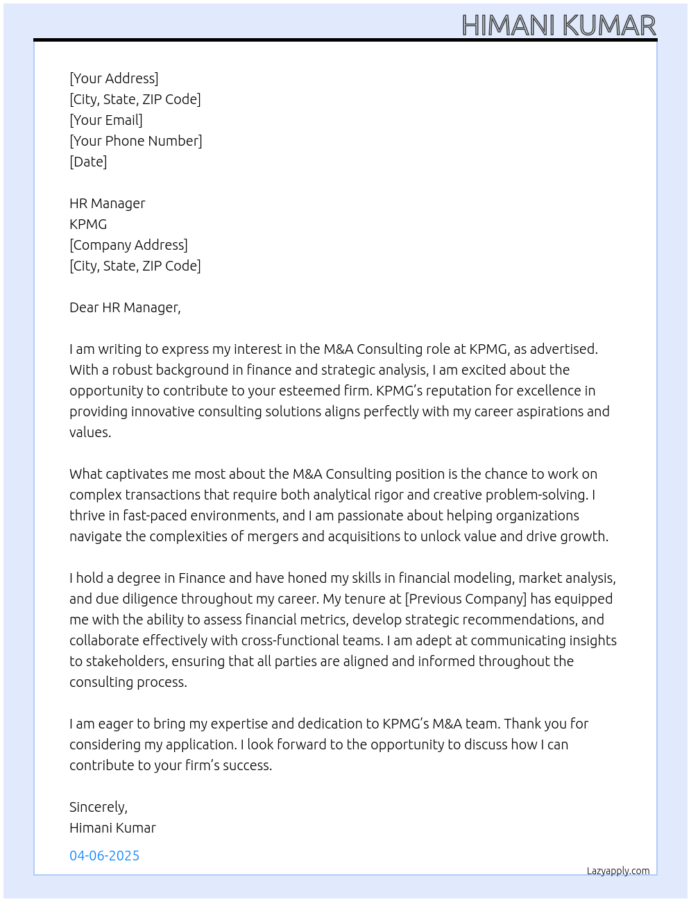 Cover letter for m&a consulting role - LazyApply