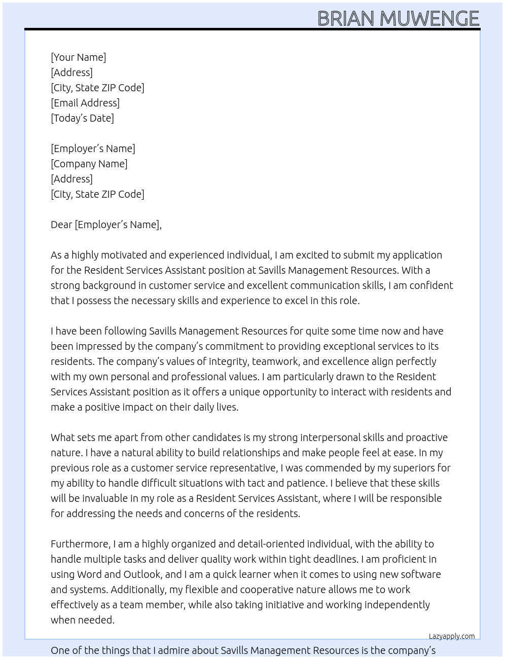 Cover letter for resident services assistant - LazyApply