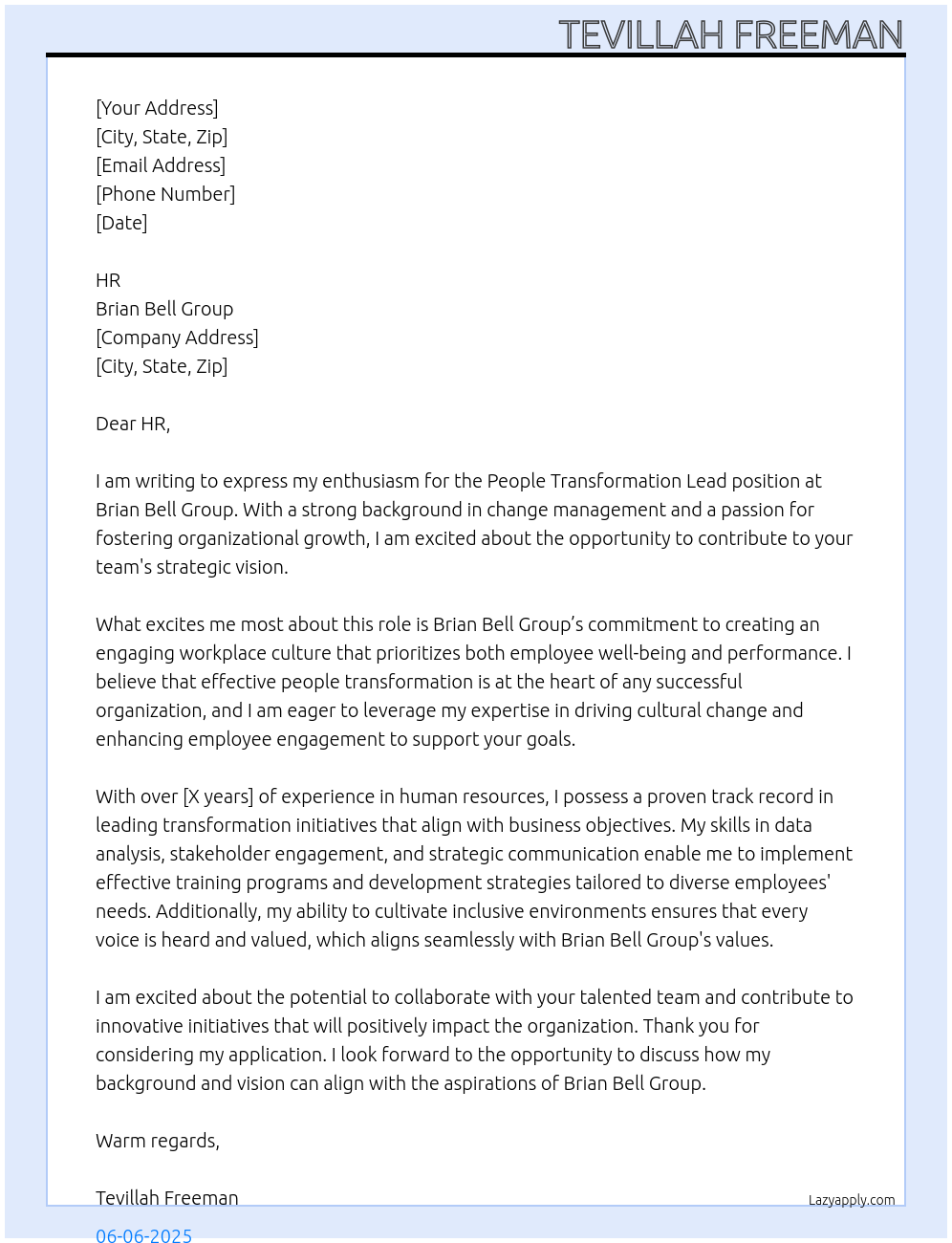 Cover letter for people transformation lead - LazyApply