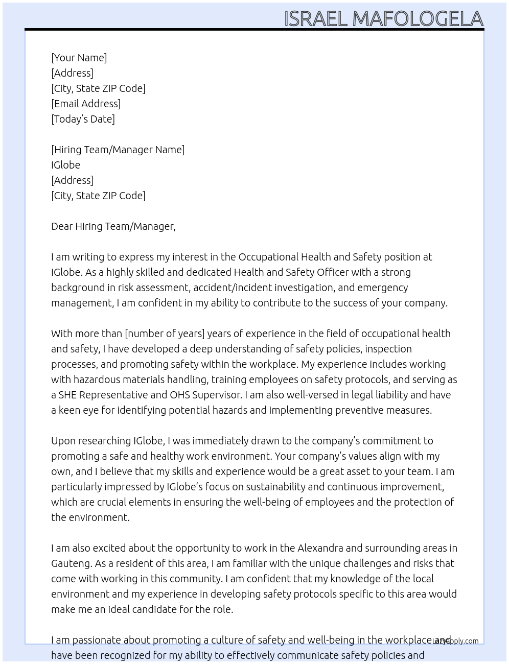 Cover letter for occupational health and safety - LazyApply