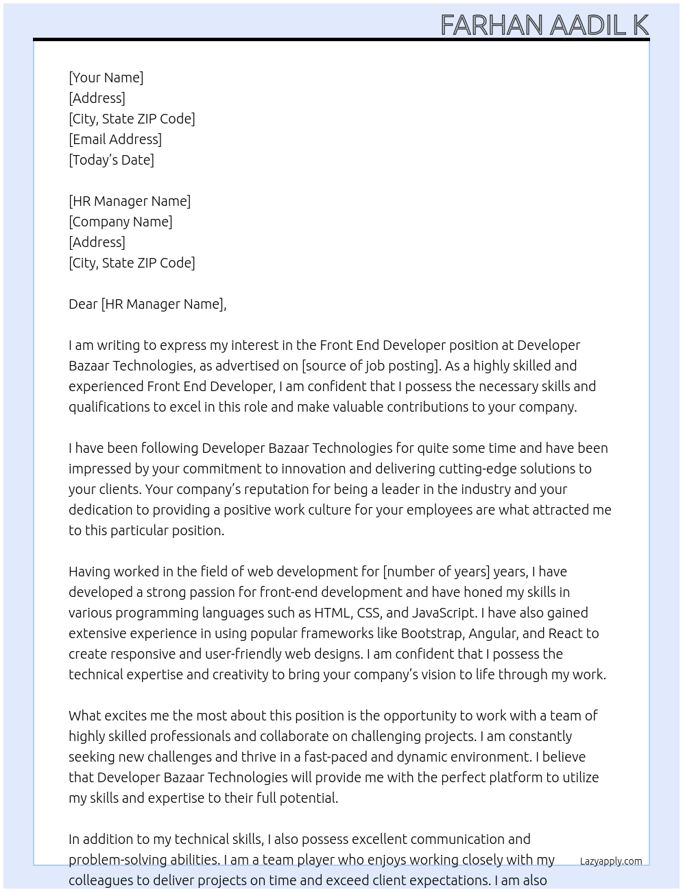 Cover letter for front end developer - LazyApply