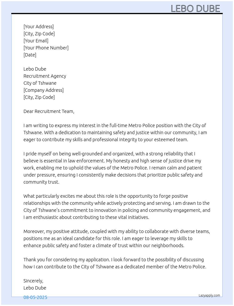 Cover letter for metro police - LazyApply